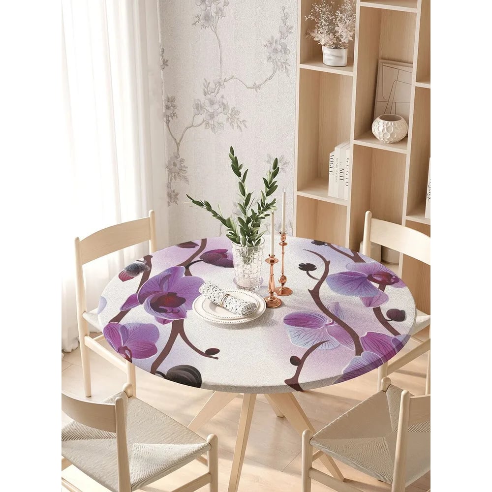 Скатерть на кухонный стол JOYARTY "Орхидеи", круглая на резинке, диаметр 75-100 см frtc_50381 ...