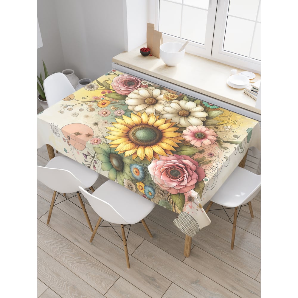 Прямоугольная тканевая скатерть на стол JoyArty с рисунком "Роза и подсолнух", 120 на 145 см, tc ...