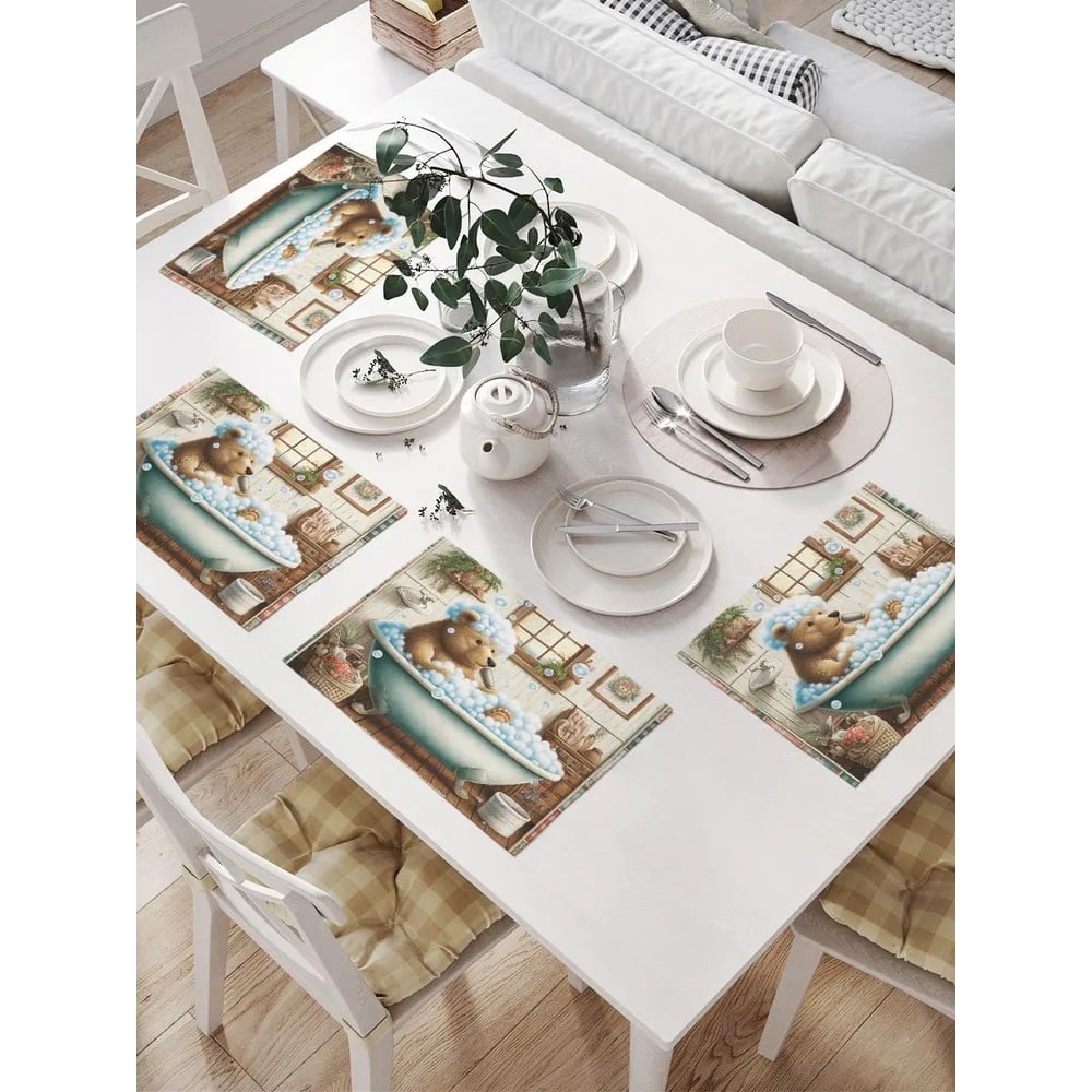 Салфетки на стол для сервировки прямоугольные, плейсмат JoyArty "Медведь в ванной", 32x46 см, в ...
