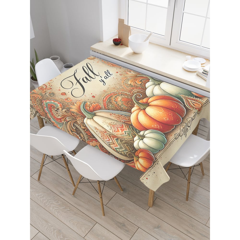 Прямоугольная тканевая скатерть на стол с рисунком JoyArty Тыква в узоре 145х180 см tc_sd4013 ...