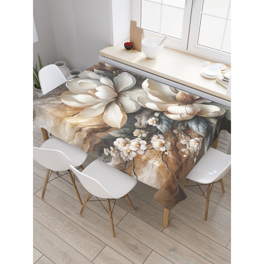 Прямоугольная тканевая скатерть на стол с рисунком JoyArty Магнолия и мрамор 145х180 см tc ...