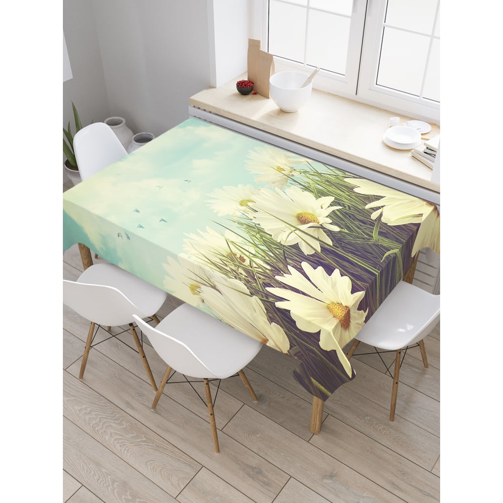 Прямоугольная скатерть JoyArty Ромашки под небом из сатена tc_2394_120x145 - выгодная цена ...