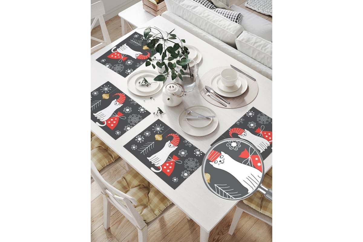 Комплект тканевых салфеток для сервировки стола JOYARTY "новогодний котик", 32x46 см, 4 шт. np ...