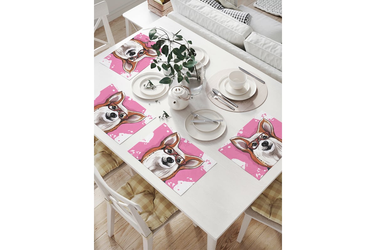 Комплект тканевых салфеток для сервировки стола JOYARTY "стильный корги", 32x46 см, 4 шт. np ...