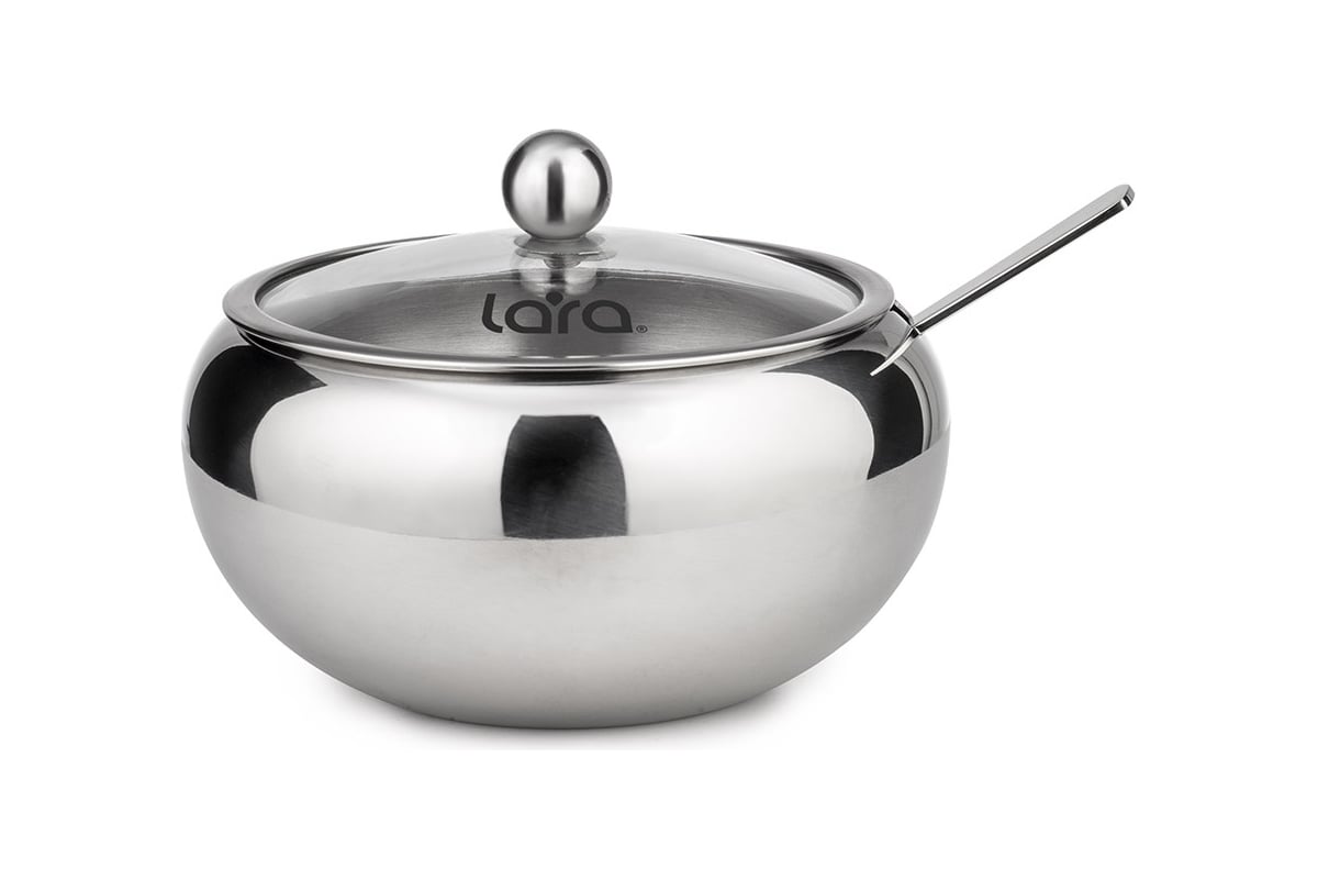 Сахарница с ложкой Lara 560 мл, сталь, крышка из закаленного стекла ...