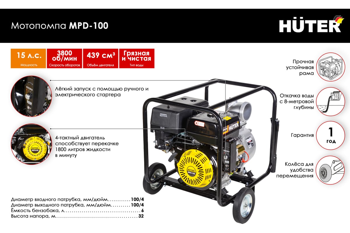 Мотопомпа Huter MPD-100 70/11/6 - выгодная цена, отзывы, характеристики, 1 видео, фото - купить ...